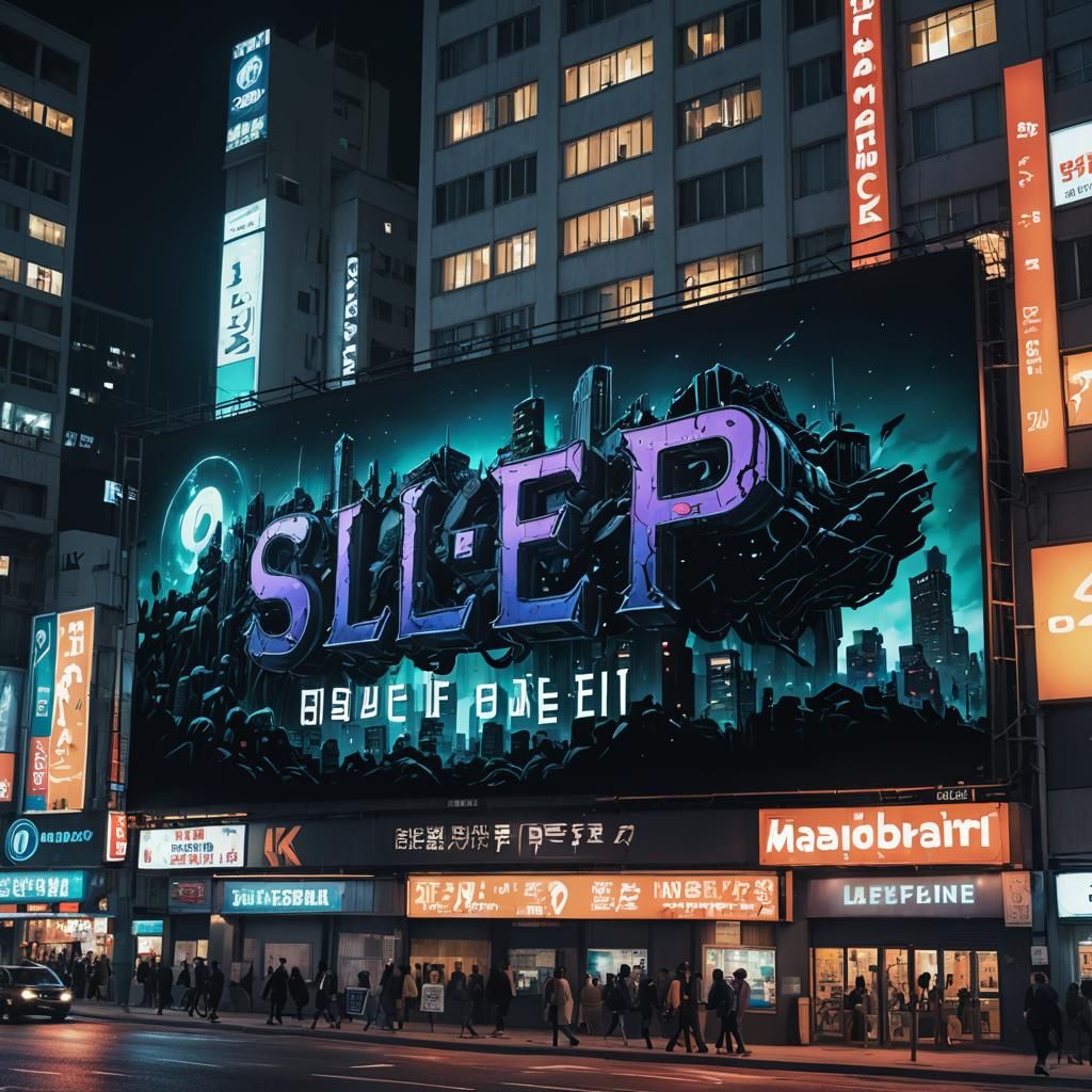 The word "Sleep" emblazoned on a billboard above a city street. Night ...