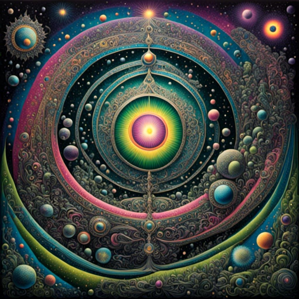 Psychedelic Cosmos. bright bold greens, purples, pinks, silver colours ...