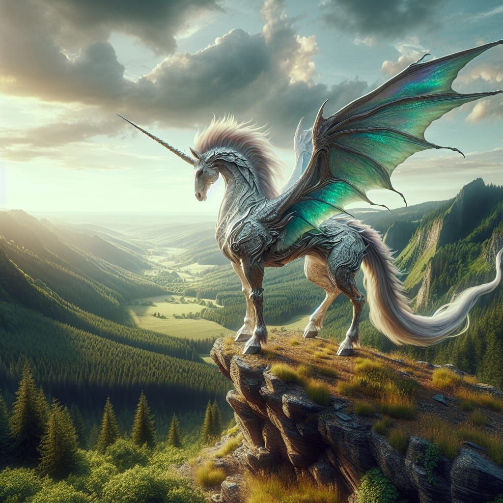 war unicorn/dragon hybrid standing on a rocky outcropping overlooking a ...