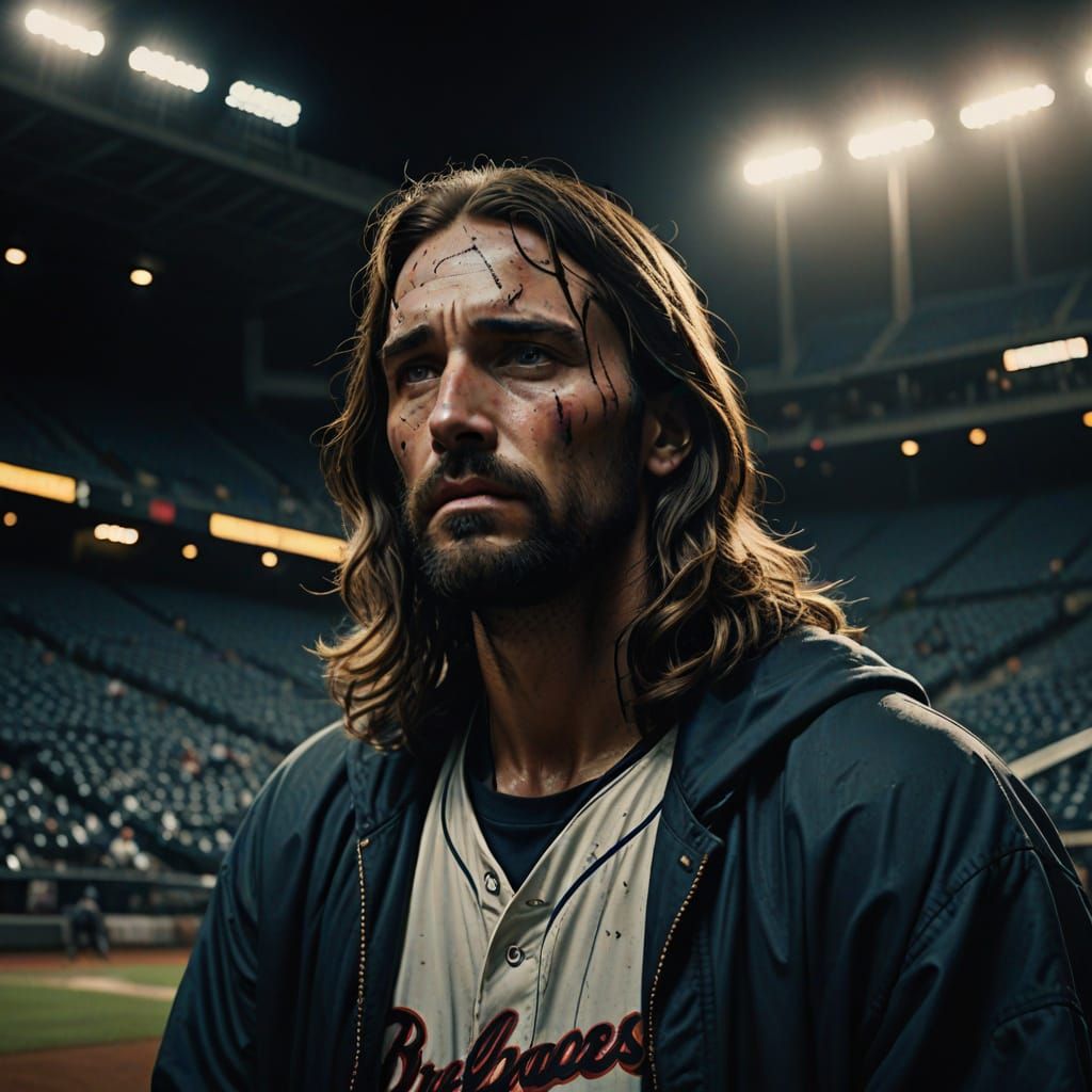 Jesus Christ Weeps in Desolate Baseball Stadium - AI Art