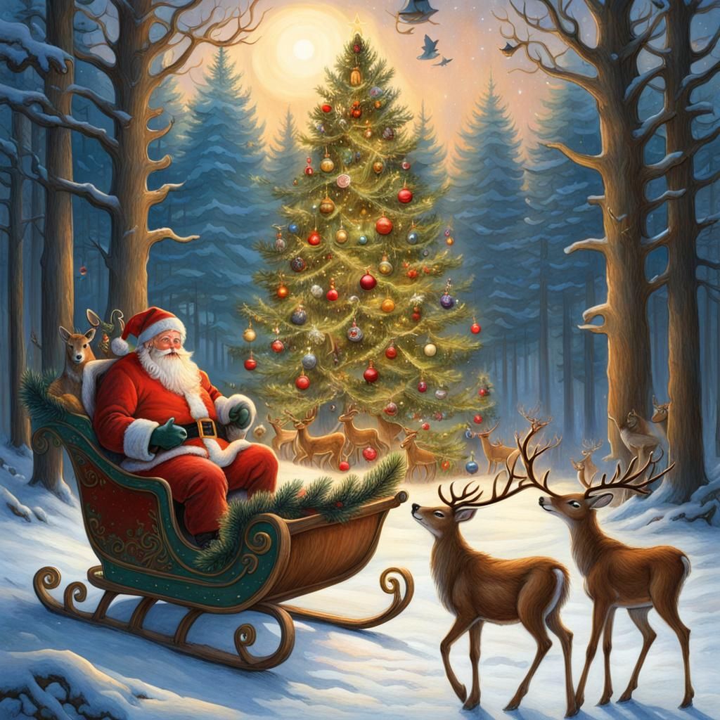 a decorated Christmas tree in the forest, forest animals gathered ...