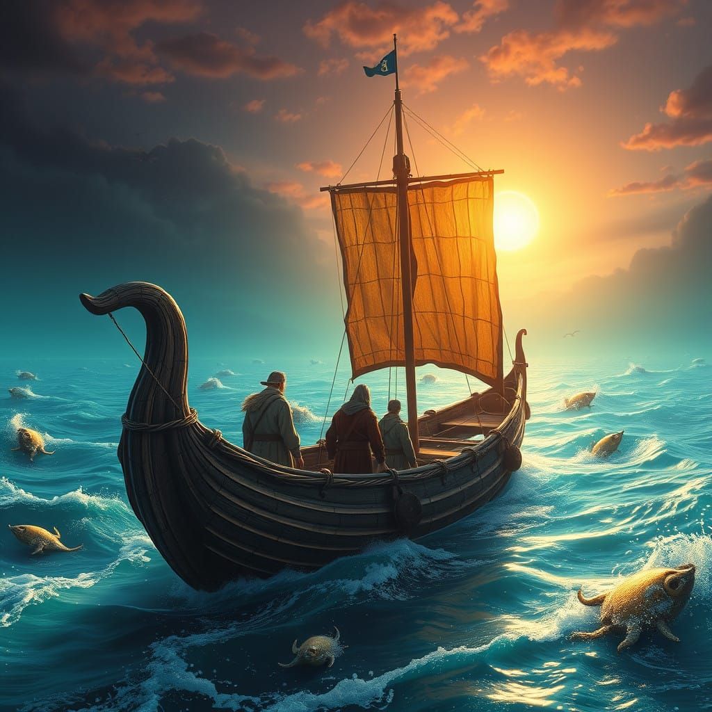 Sailing - Sailors on a Weathered Raft in a Bioluminescent O...