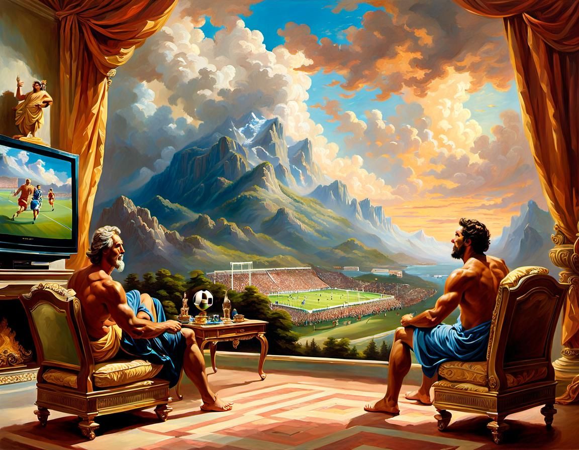 Oil painting of Greek gods watching soccer from a skybox in the clouds ...