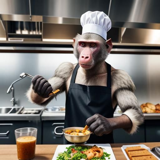 human-baboon hybrid working as a chef in a restaurant. if has fur ...