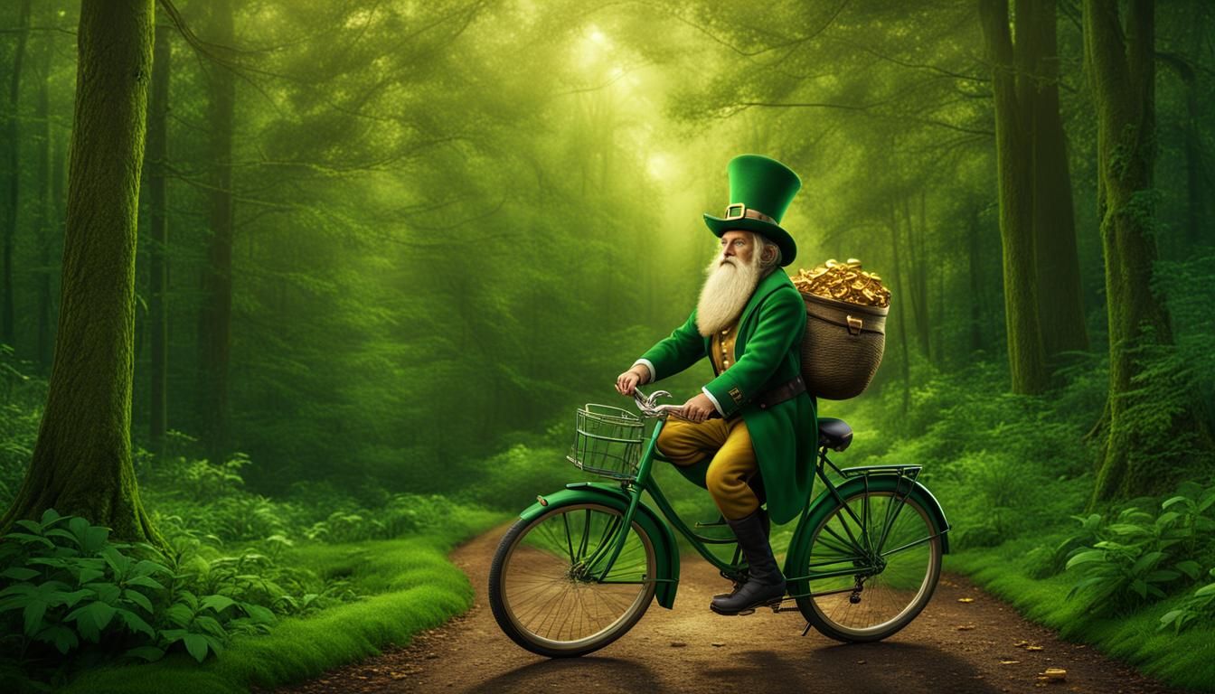 a leprechaun with a sack of gold riding a green bicycle along a forest ...