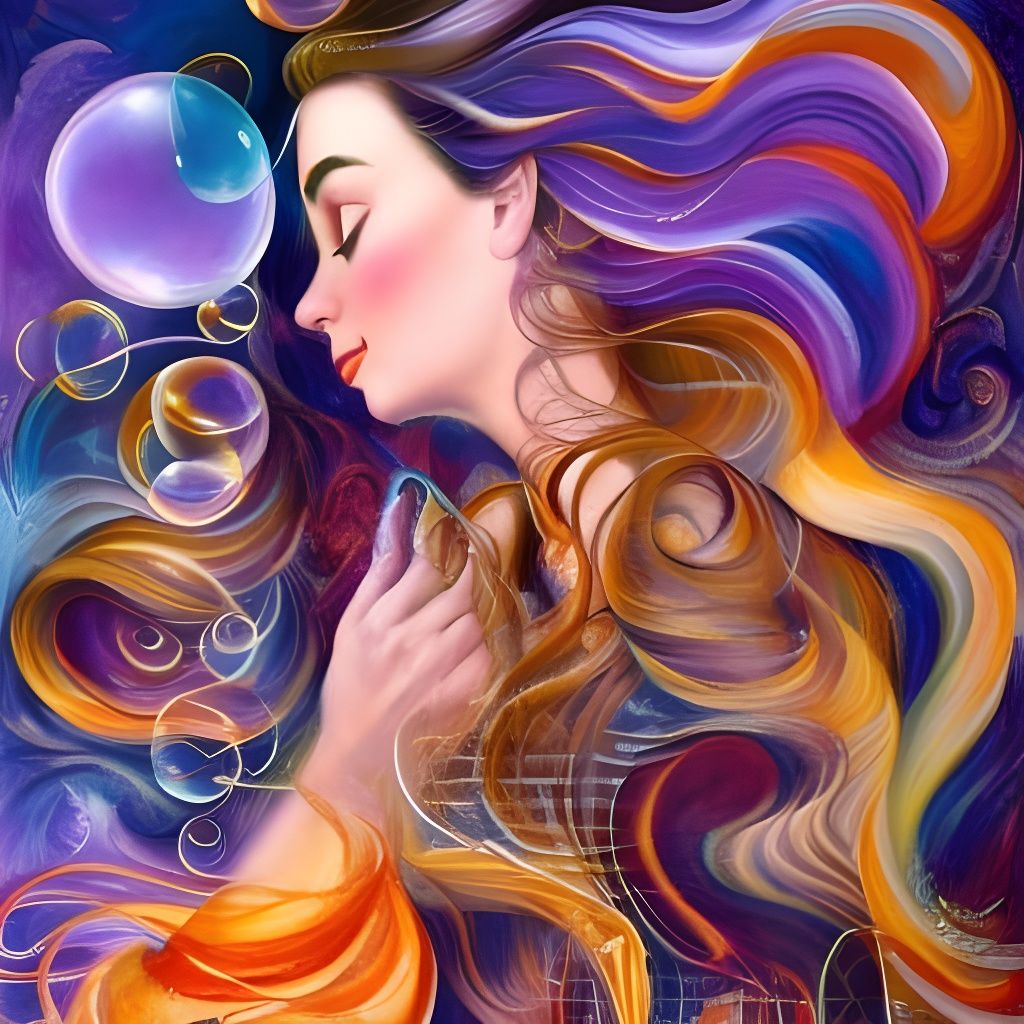 Gorgeous woman with twirls of hair, flowing waves, multiple soap bubbles, dynamic pose, purple ...