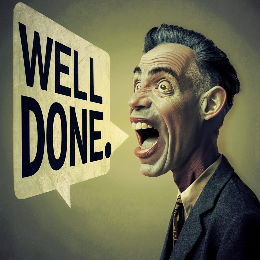 Well Done - Exaggerated Figure Shouts in Bold Surreal Style