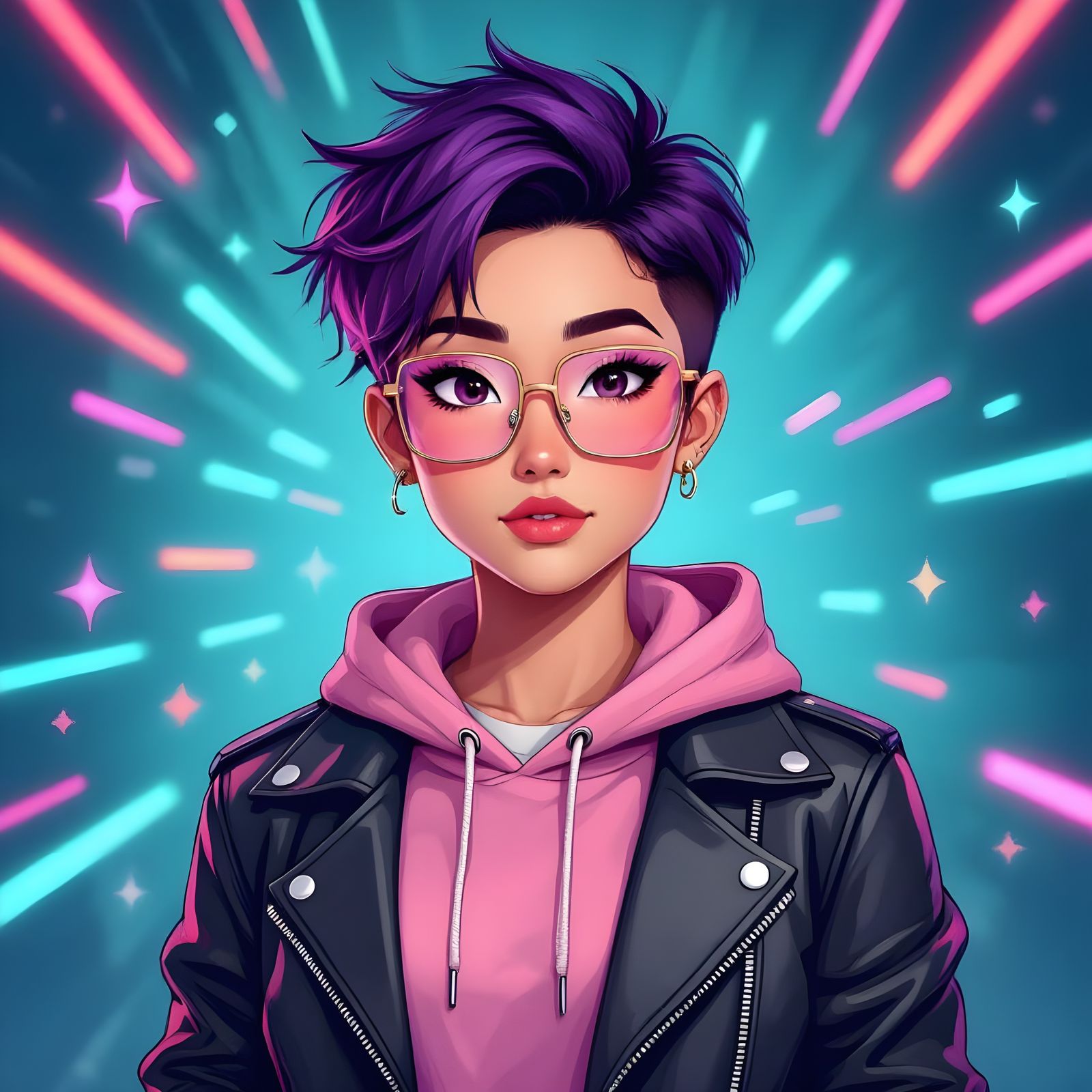 Stylish Gen Z Artist Portrait with Neon Backdrop a... - AI Art