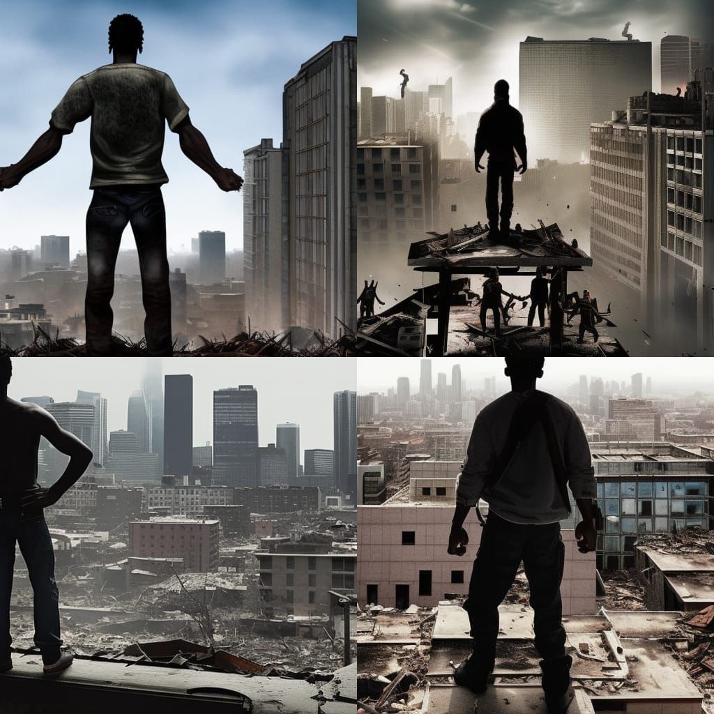a black lone survivor standing on a rooftop, overlooking a city that ...