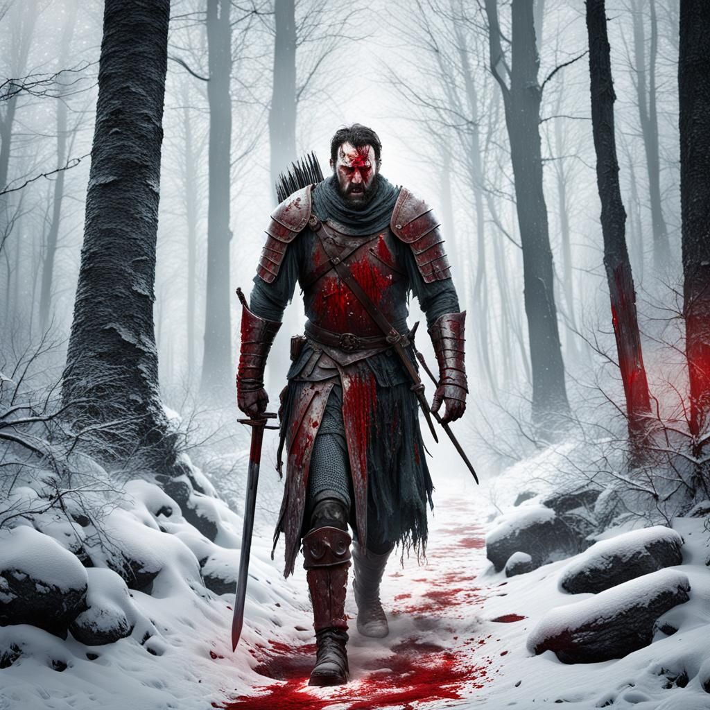 an image of a severely wounded medieval warrior, drenched in blood ...