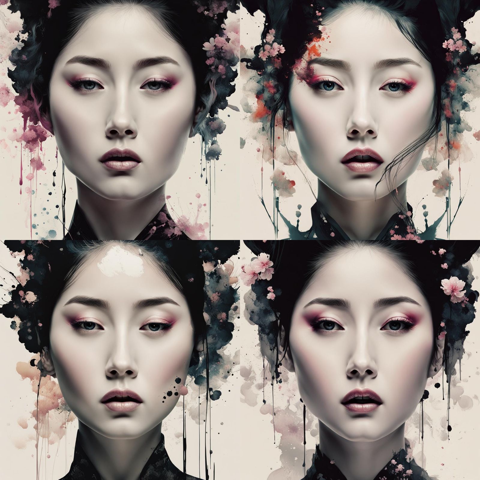 Japanese blossom Ink Splatter Digital ink drop splash fantasy portrait ...