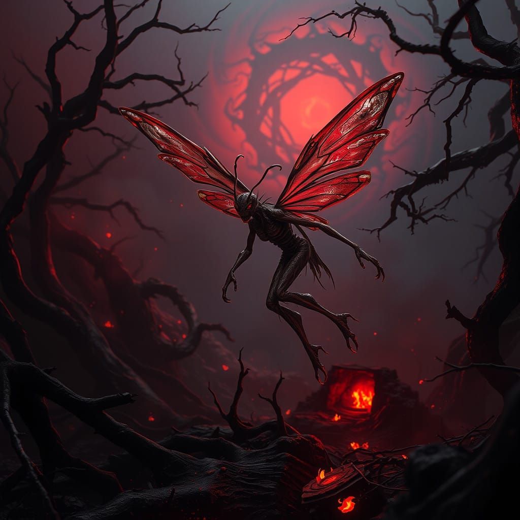 A twisted, iridescent fairy with chitinous skin and bulging, pulsing ...