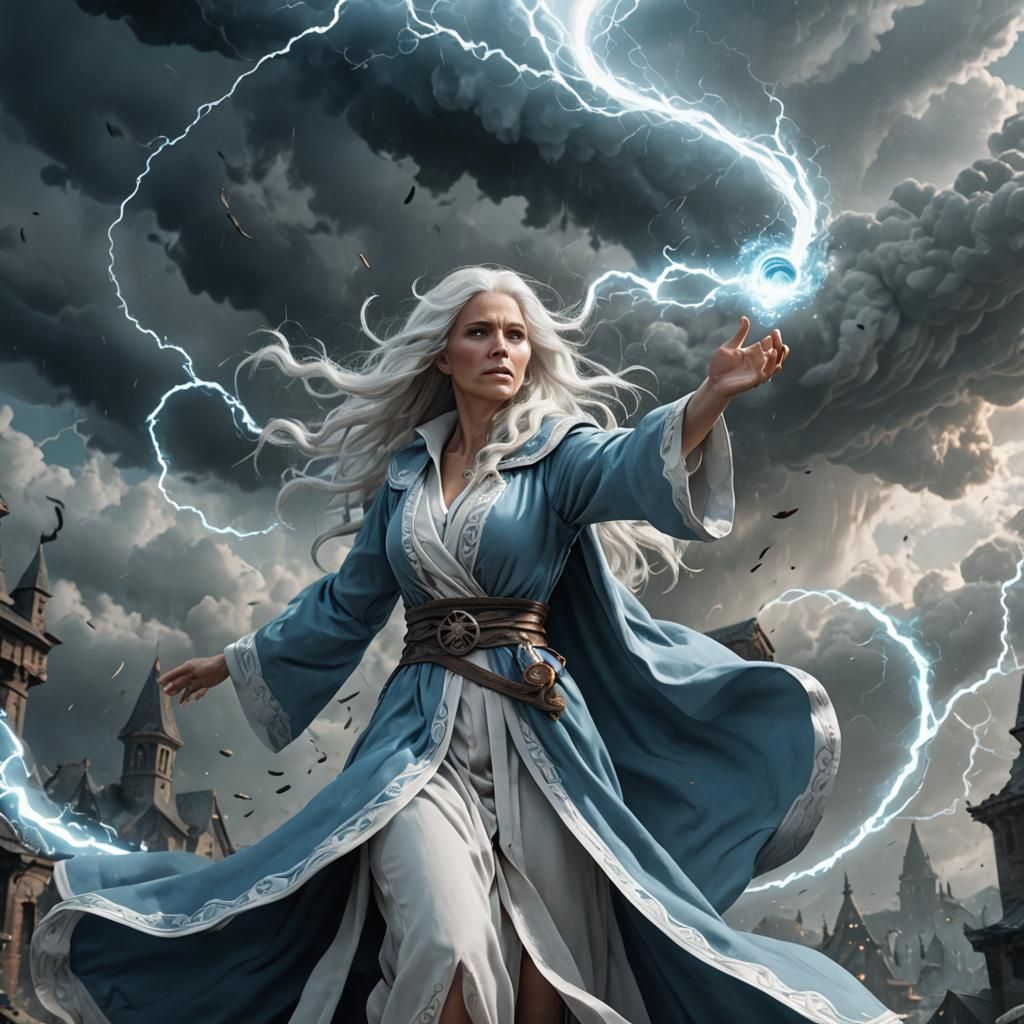 A female human wizard with long white hair wearing light blue robes ...