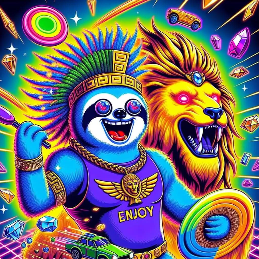 1. A joyous, yellow-blue sloth, adorned in a shirt with 'ELONS' and ...