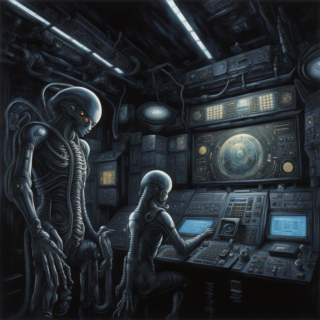 16k resolution, art by H.R. Giger, Yoshitaka Amano. Space station ...