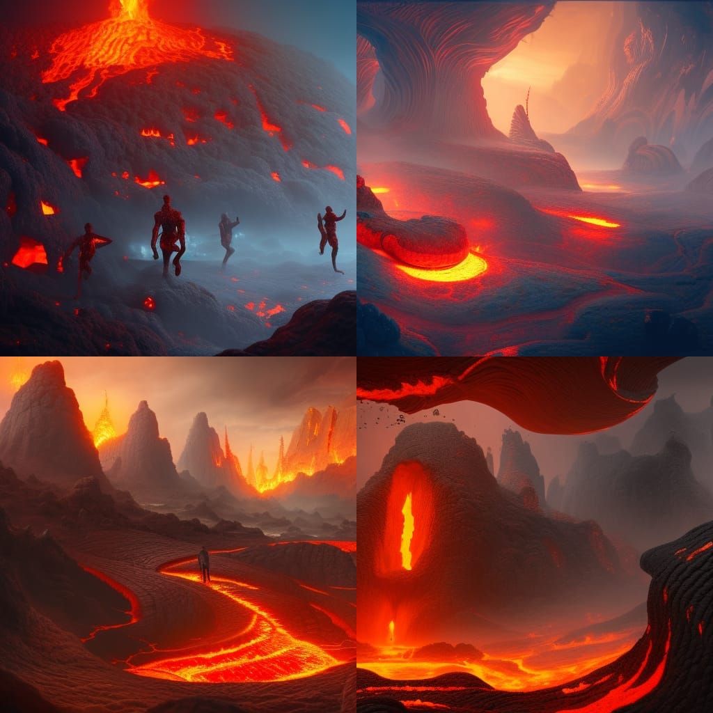 strong humans that walk on the hot lava - AI Generated Artwork ...