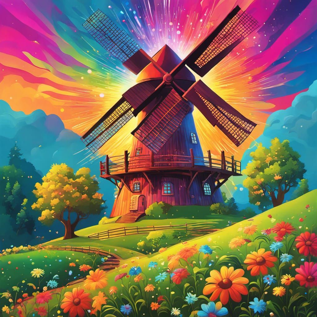 Sparkling fairytale windmill with magic sparks exploding from the mill ...
