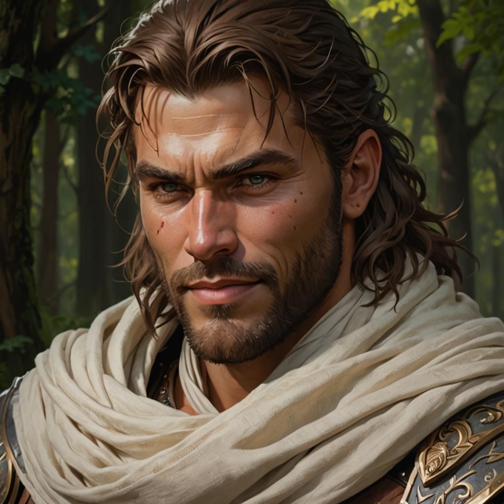 High fantasy epic attractive male barbarian warrior, charming smile ...