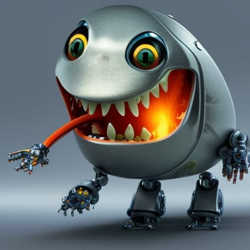 Robotic pet piranha in a goldfish bowl, Metal robot fish with razor ...