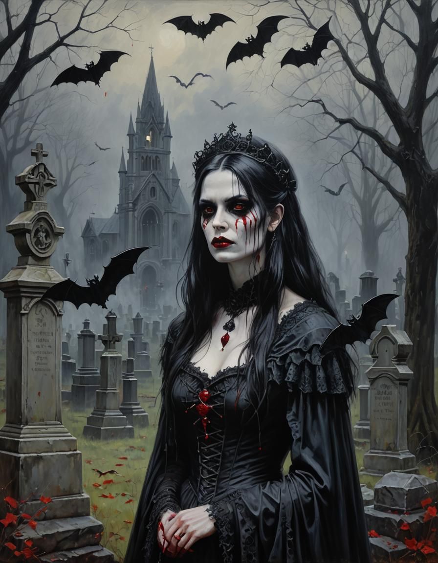 beautiful goth vampire princess blood dripping from lips black foggy ...