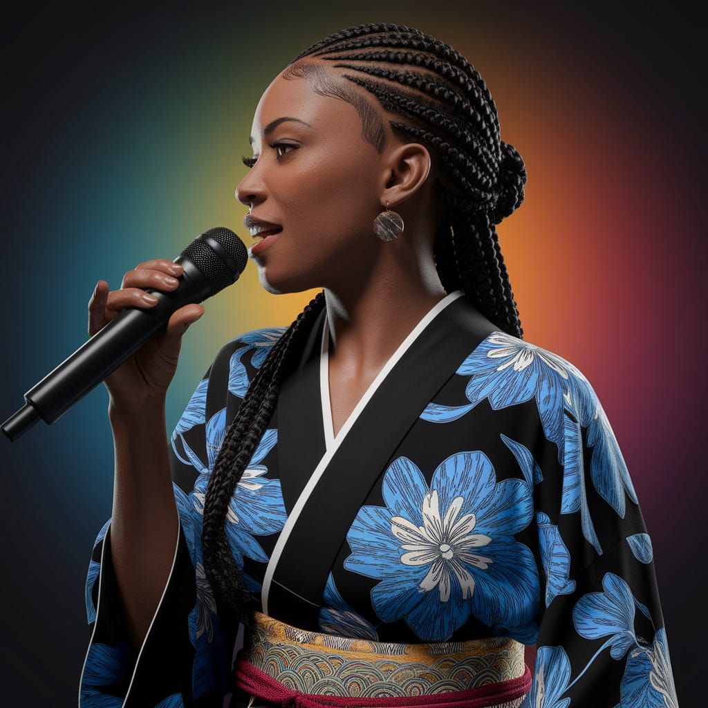 Dramatic Nightclub Singer in a Vibrant Floral Kimo... - AI Art