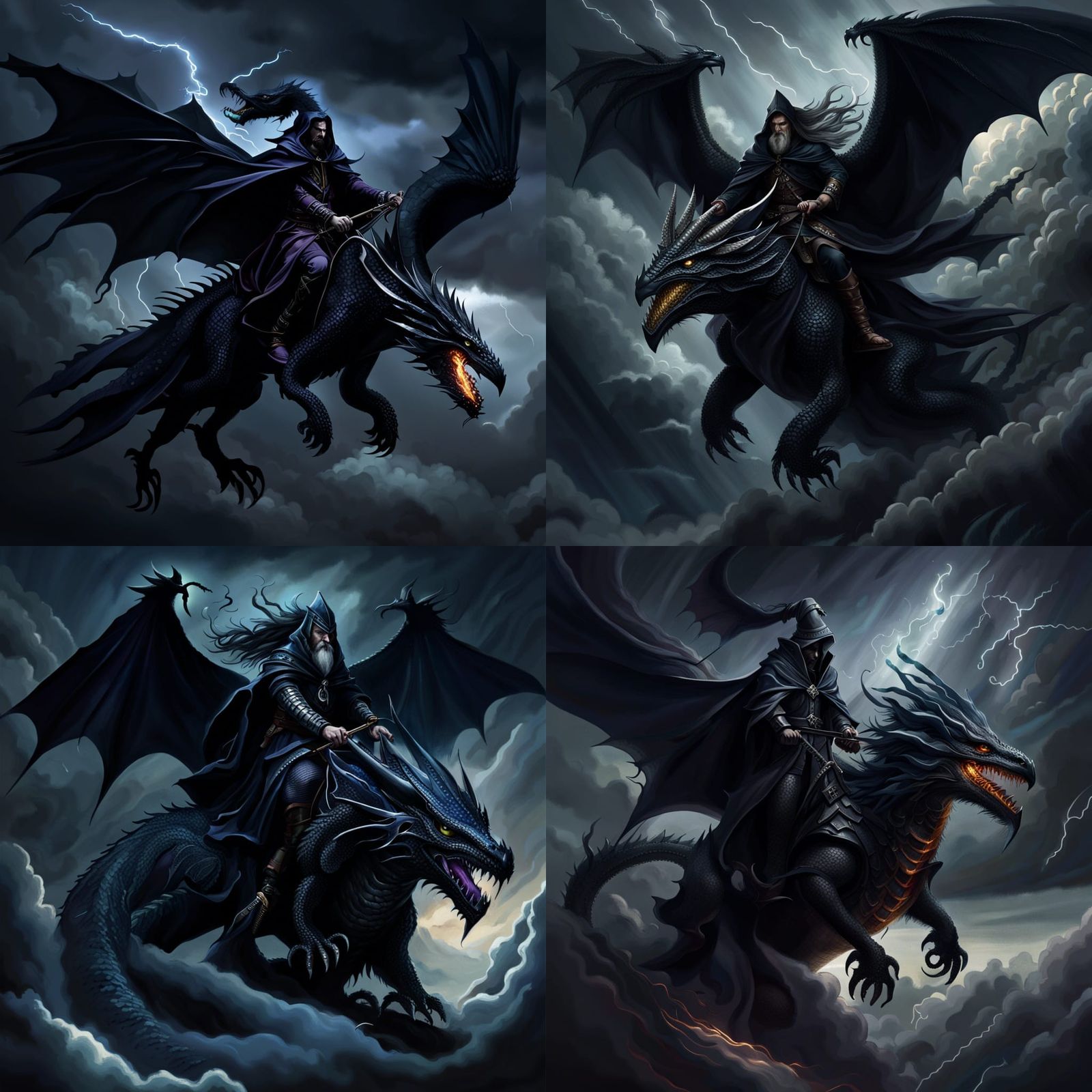 A dark wizard riding a dragon through a stormy sky. The wizard could be ...