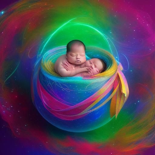 A beautiful newborn baby comes out of an egg with amazing ribbons and ...