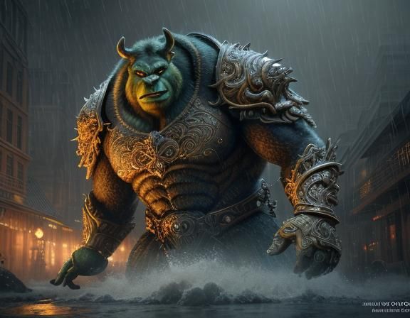 the image of a big ogre in the rain, in the style of futuristic, sci-fi ...