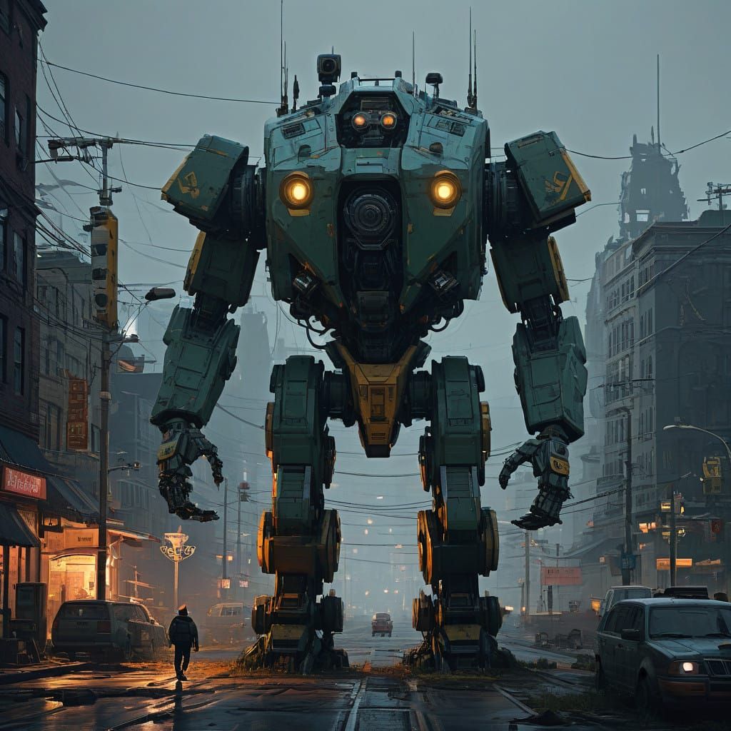 Eyes - Gigantic Sci-Fi Mech Towering Over Futuristic Citysca...