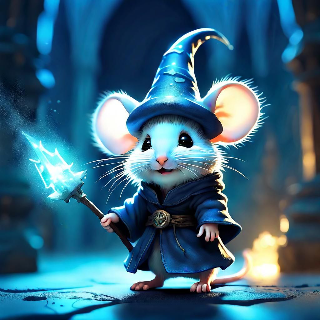 A whimsical adorable cute baby chibi fluffy wizard mouse on ...