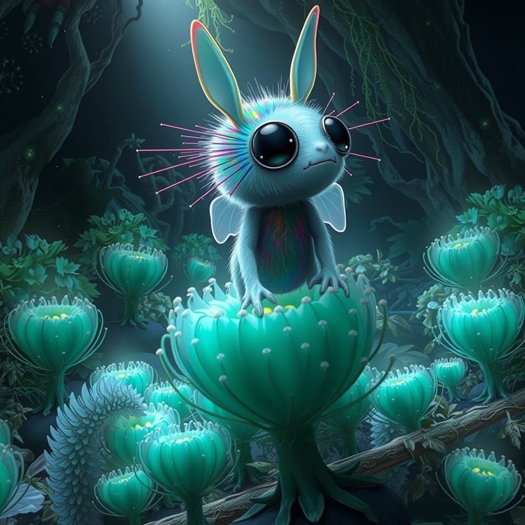 Ethereal Alien Fuzzy Rainbow Critter in Crystal Ca... - AI Art