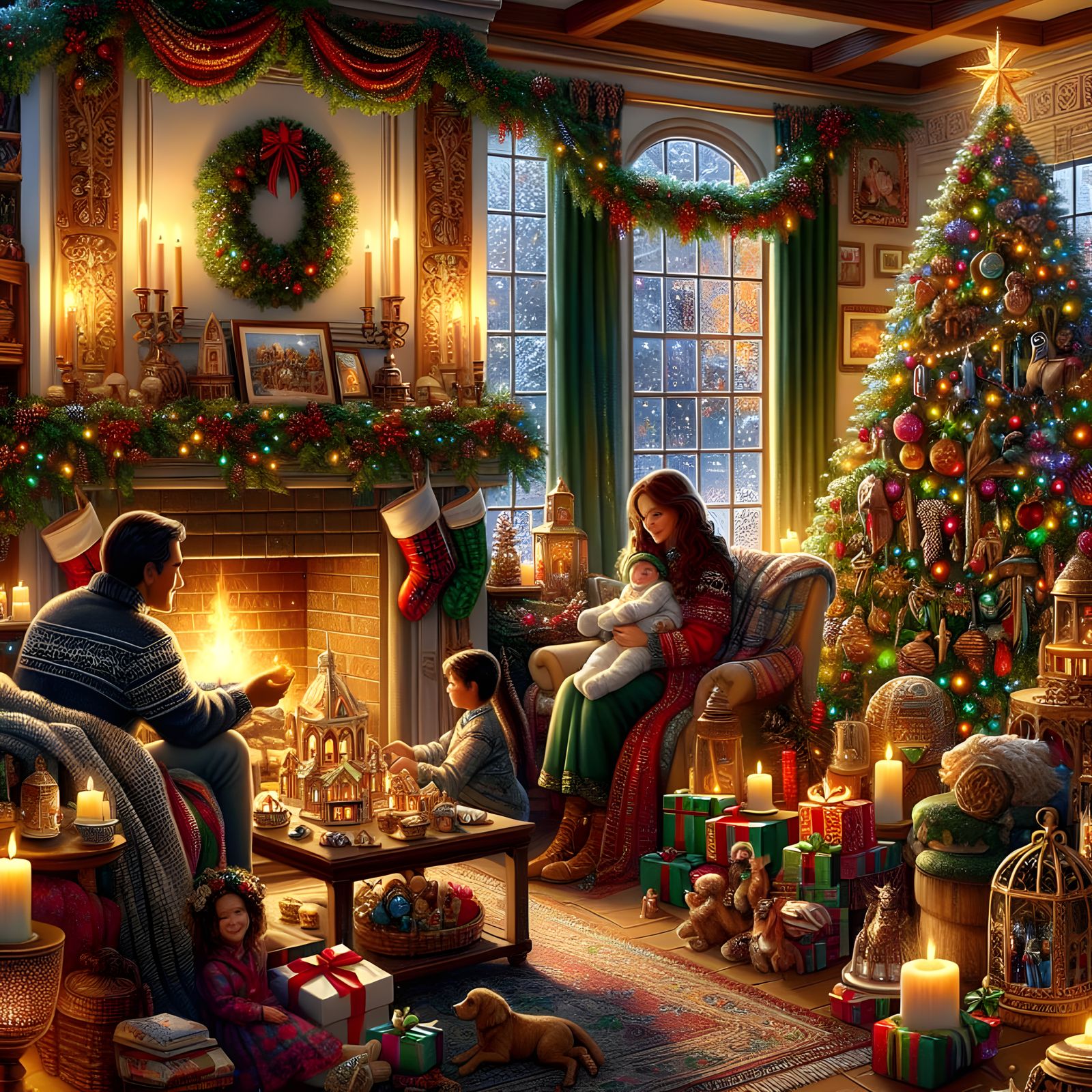 Christmas - Cozy Christmas Scene with Holly and Christmas Tr...