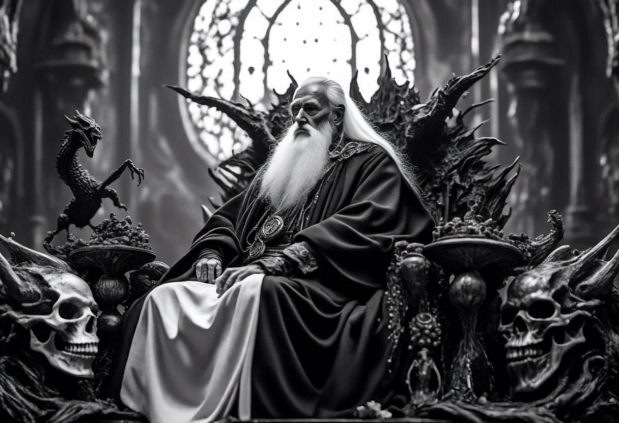 An elderly Fantasy Wizard sitting on a chair, his hand made into a fist ...