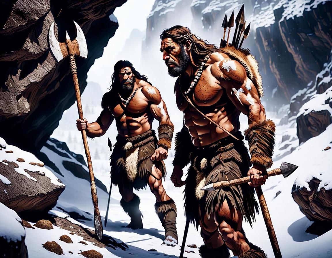 Neanderthal men wearing animal hide clothing - AI Generated Artwork - NightCafe Creator