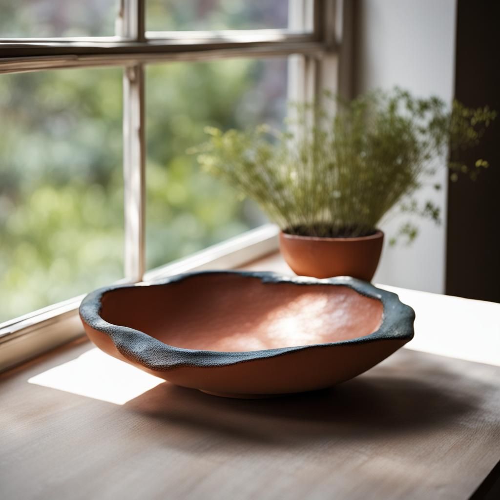 asymmetric clay bowl by George Ohr, on a table by a window. - AI ...