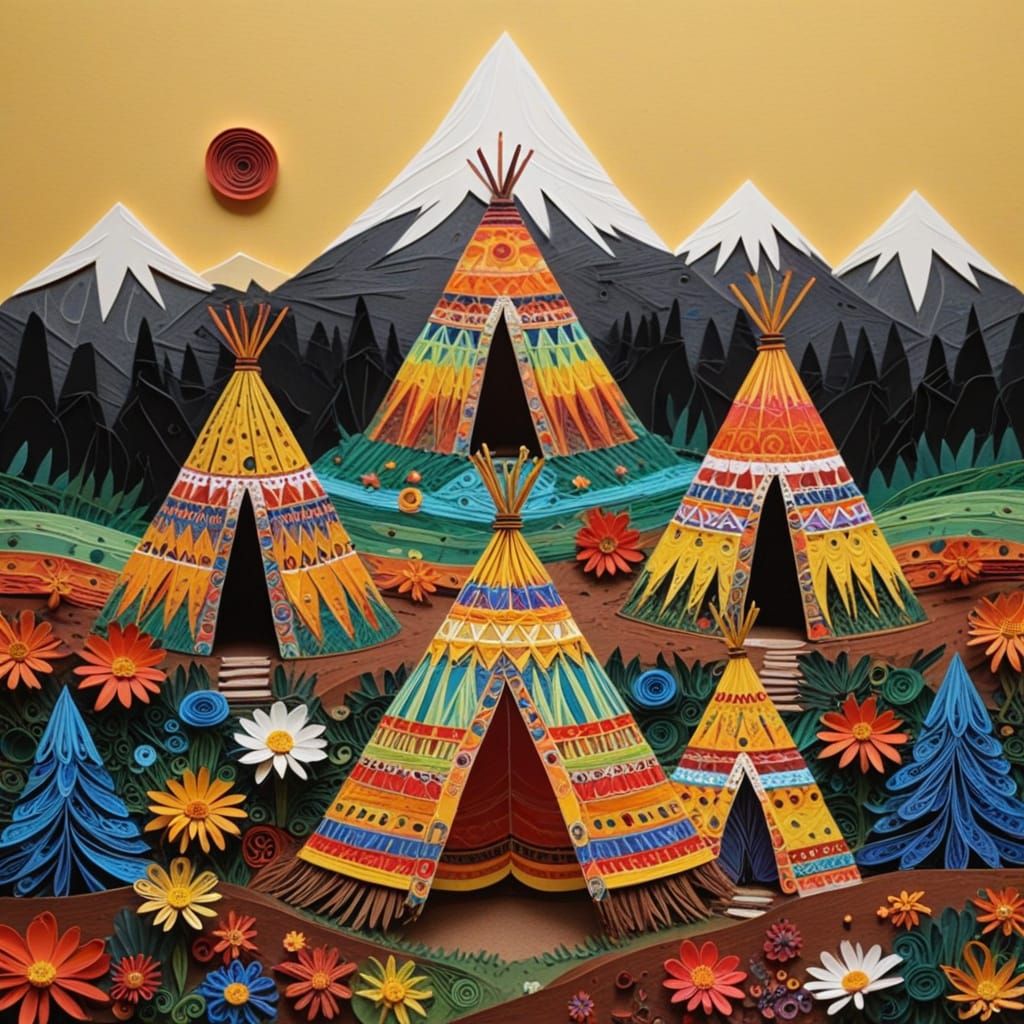 Tepee Paper Craft Collage - Naive Art Tepees in Paper-Cut Co...