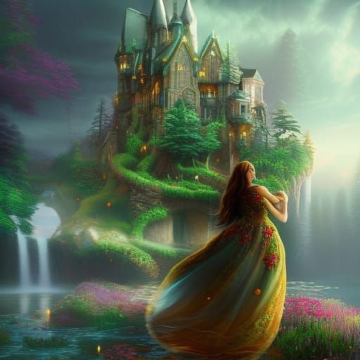 A fantasy world grows inside a clear ornate round bottle, diamonds and ...