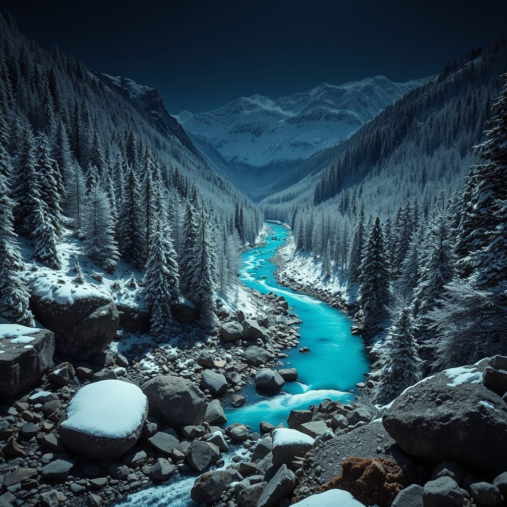 Midnight Landscape - Majestic Snowy Mountain Forests in Ethe...