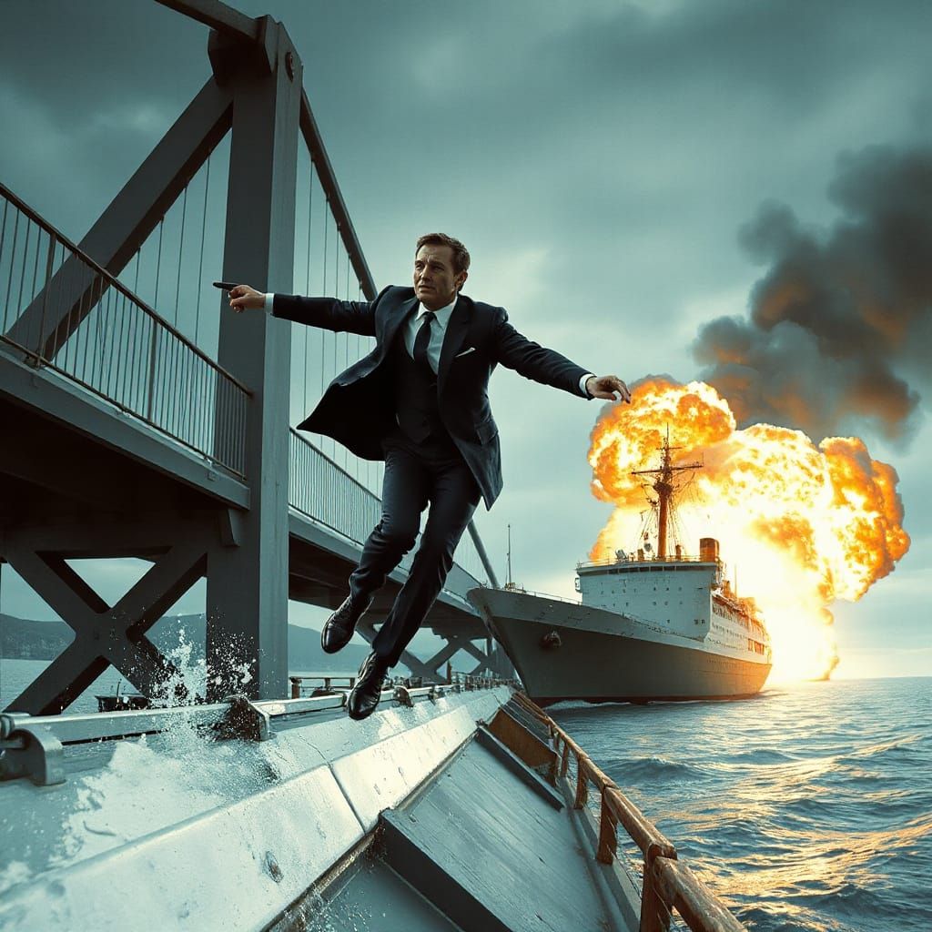 James Bond. An exploding ship crashes into a bridge