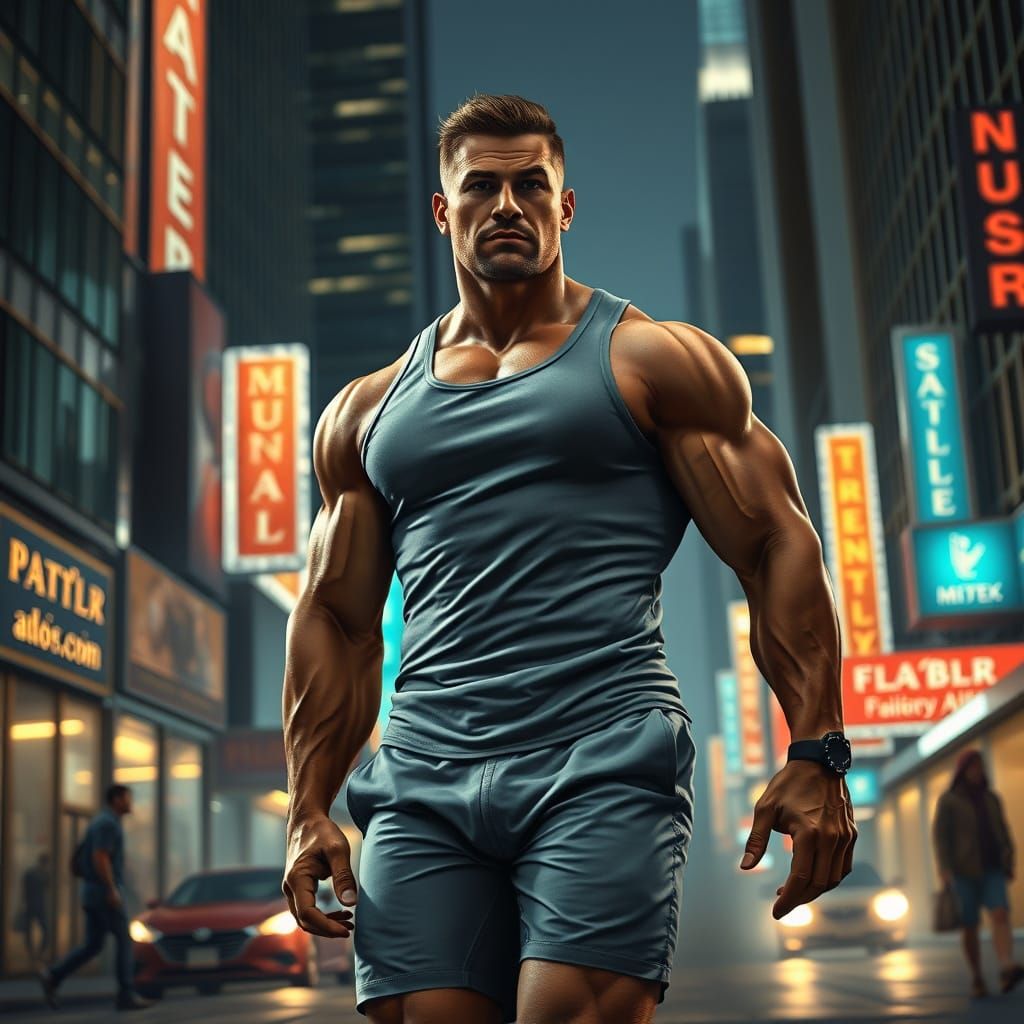 Confident Bodybuilder Strolling Through a City Str... - AI Art