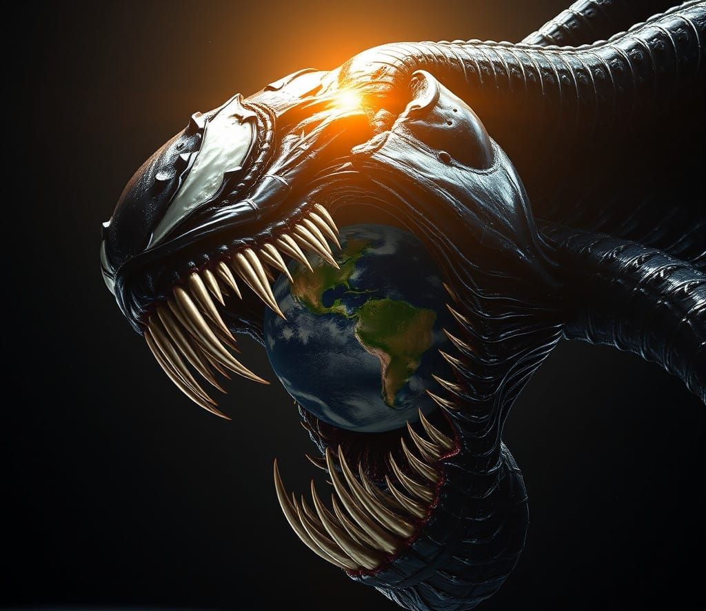 Cosmic Horror: Giant Venom Symbiote Devours Earth - AI Art