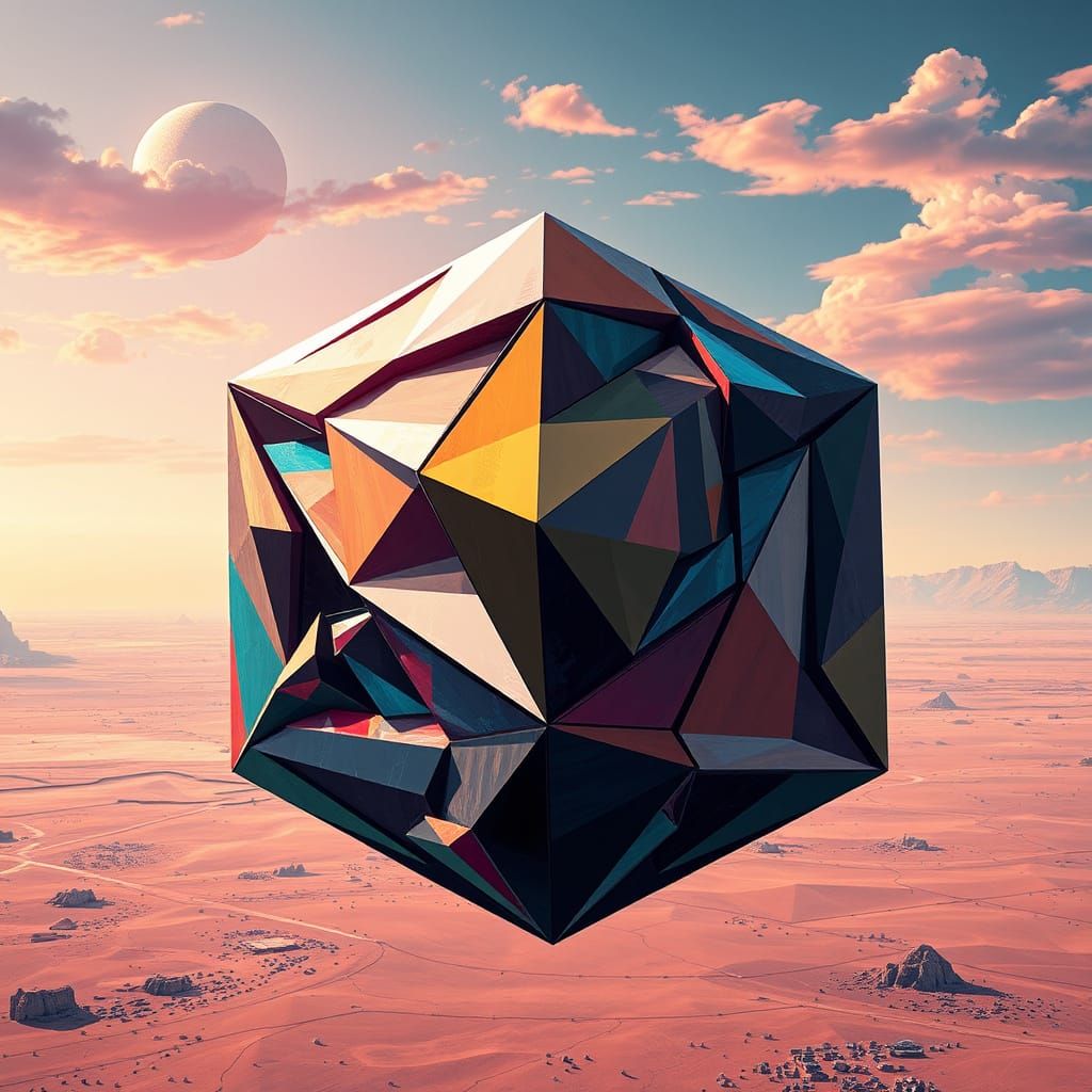 Angular Cubist Cube Floats in Futuristic Sky - AI Art
