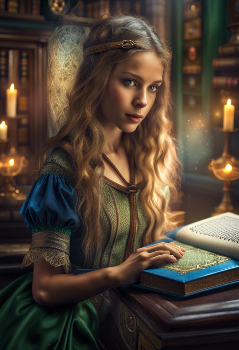 girl in magic school reading beautiful magic blue leather bound antique ...