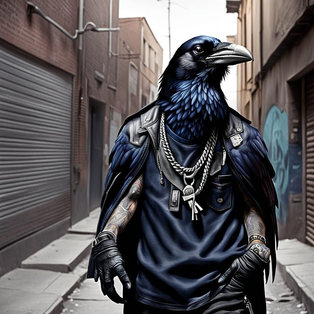 ultra Realistic anthropomorphic raven bird dressed as a gang member in ...