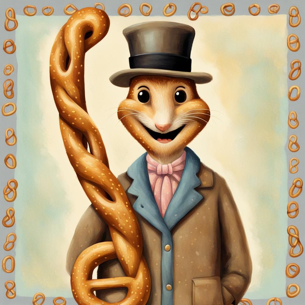 16k resolution, art by Mary Blair, Beatrix Potter. Pretzel man, a man ...