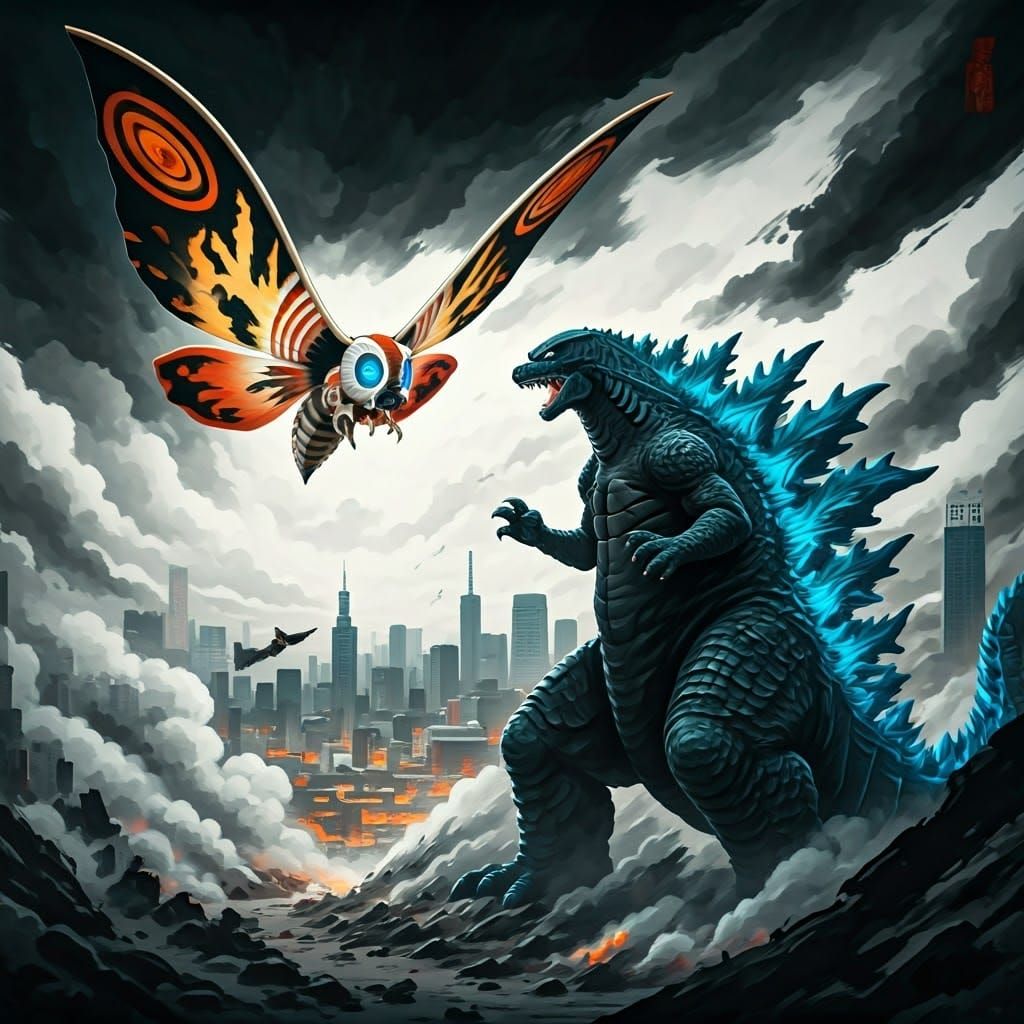Godzilla fighting destroying Tokyo while Mothra flies overhead ...