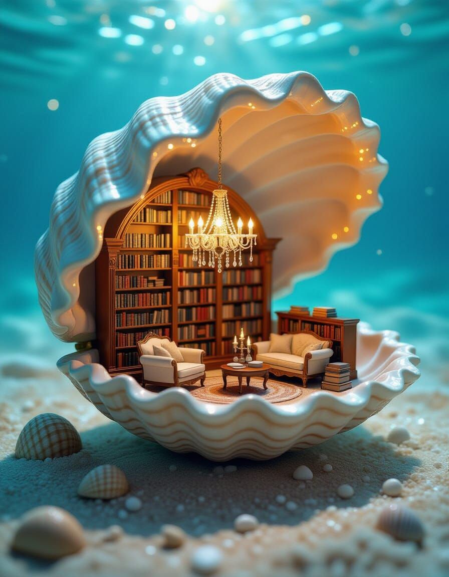 Enchanted Underwater Library in Giant Seashell