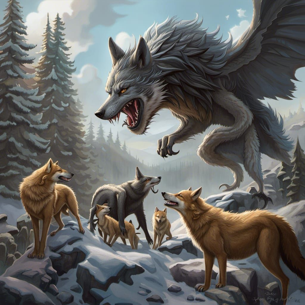 A playful and endearing portrayal of a wolf dragon hybrid interacting ...