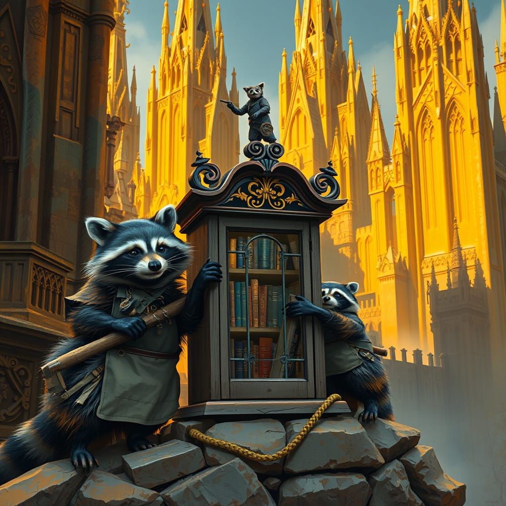 Furry Raccoons Build Whimsical Library in Golden C... - AI Art