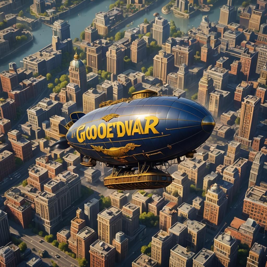 flying Goodyear blimp detailed matte painting, deep color, fantastical ...
